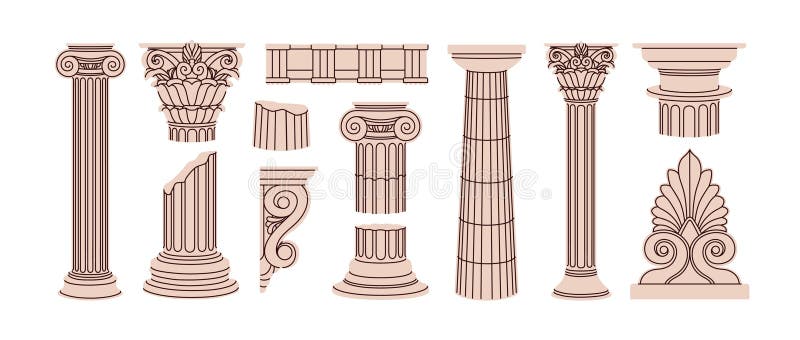 Greek Antique Architecture Elements Set. Ancient Columns, Roman Pillars ...