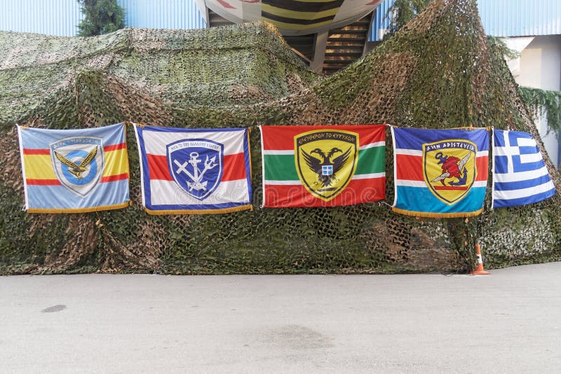 Greek army military flags. stock image. Image of services - 77396889