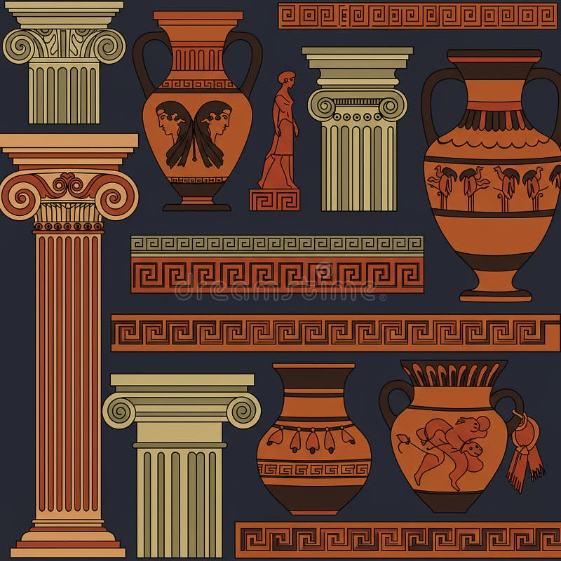 Greek Art Elements Featuring Classical Columns and Pottery. Corinthian ...