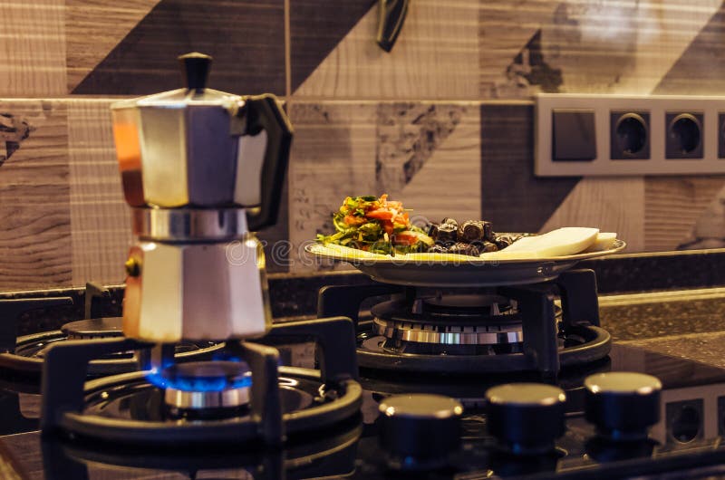 Breakfast and Moka Pot with Coffee Stock Image - Image of ingredient ...