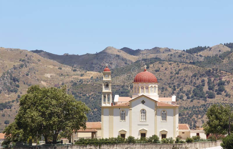 Greek Church with Tree and Mountain. Lakki Stock Image - Image of ...