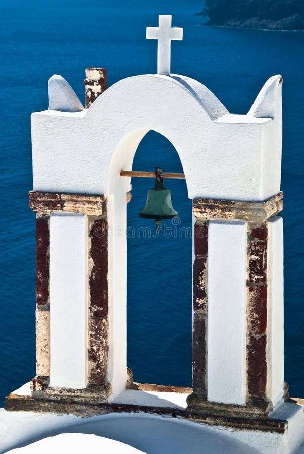 Greek Cross and Bell with Caldera in Santorini Stock Image - Image of ...
