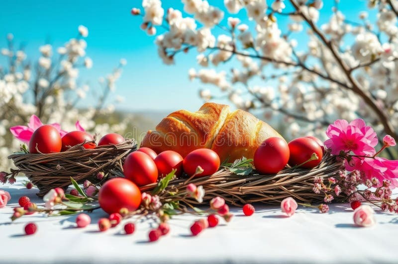 Greek Easter Table Under Cherry Blossoms Stock Illustration ...