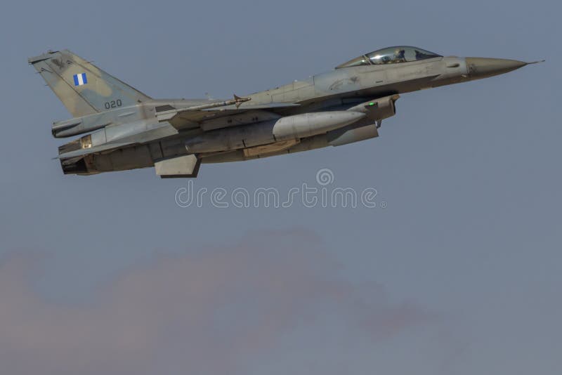 Greek F-16 fighter in sky editorial stock photo. Image of flight ...