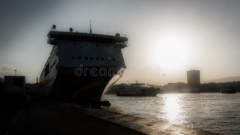 Silhouette of Greek Ferry at Dock in Port of Pireaus Stock Photo ...