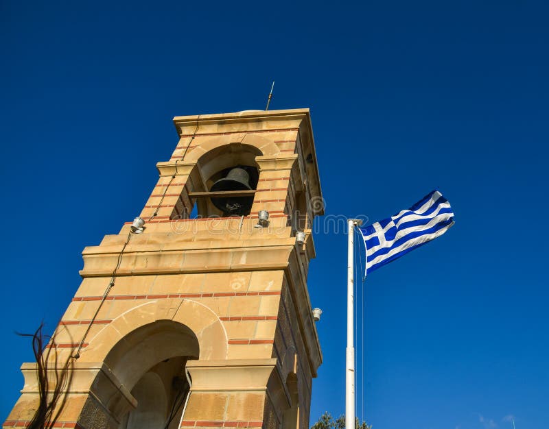 Greek Flag with Bell Tower of Ancient Fort Stock Image - Image of greek ...