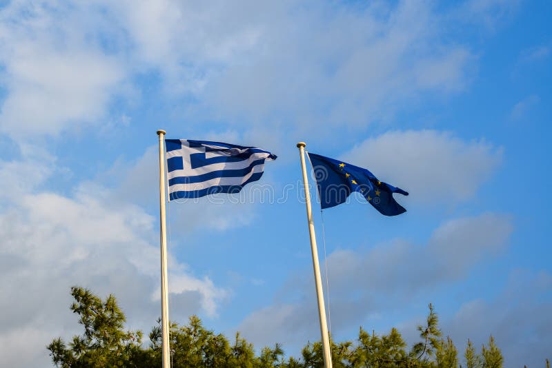 Greek Flag and Blue European Union Flags Stock Image - Image of high ...