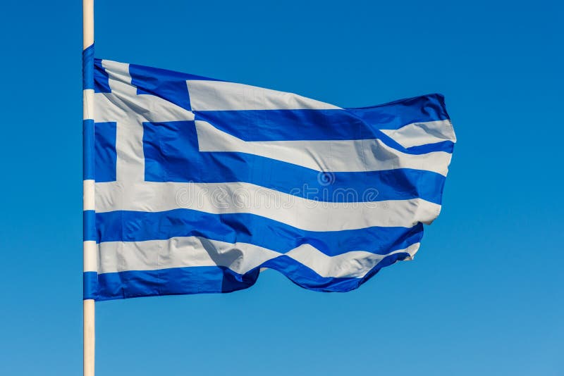 Greek Flag on Pole Waving Over Blue Background Stock Image - Image of ...