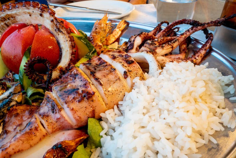Greek Grilled Fish Dish, Squid Stock Image - Image of italian, healthy ...