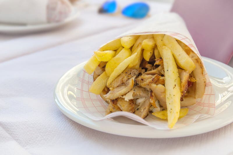 Greek Gyro with Fries Close Up on Table Stock Image - Image of ...