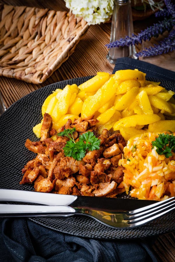 Greek Gyros Dish with Potato and Vegetables Stock Image - Image of ...