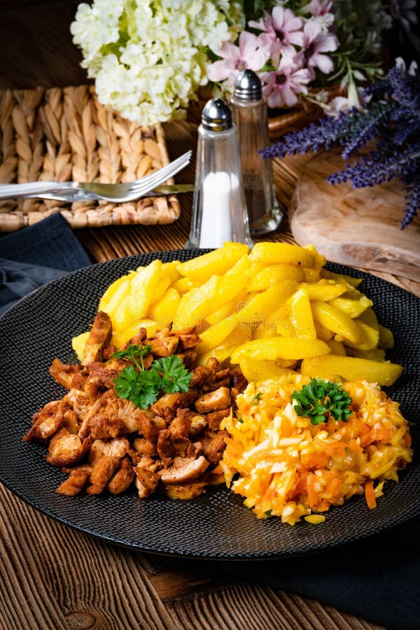 Greek Gyros Dish with Potato and Vegetables Stock Photo - Image of ...