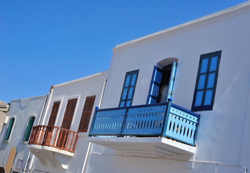 Greek Houses with Colorful Windows Stock Image - Image of multicolored ...