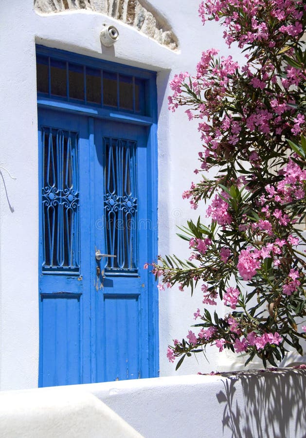 Greek Island Ancient Building Door with Flowers Stock Image - Image of ...