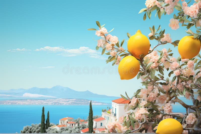 Greek Landscape with Lemons Greek Landscape Background Stock ...