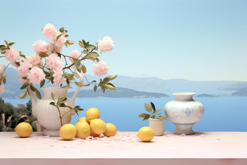 Greek Landscape with Lemons Greek Landscape Background Stock ...