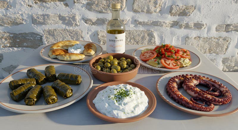 Greek Meze Platter with Grilled Octopus and Tzatziki Against Santorini ...