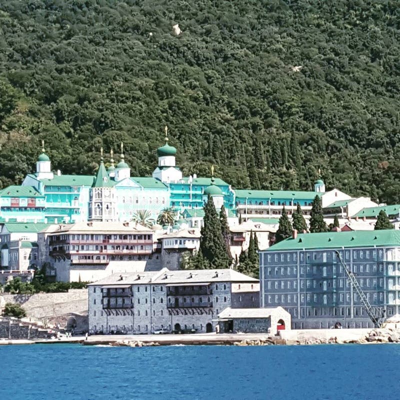 Greek Orthodox Monastery in Aton from a Ferry Stock Photo - Image of ...