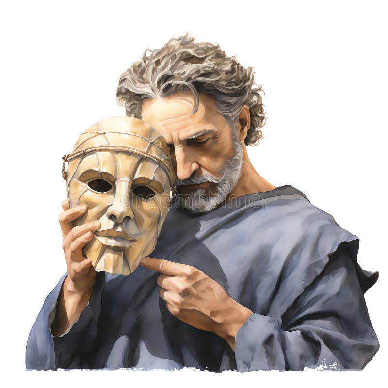Greek Playwright Holding a Mask Symbolizing Theater Illustration Stock ...