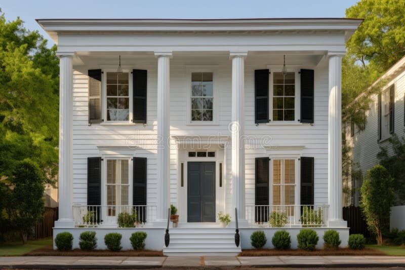 Greek Revival Home with Symmetrical Rectangular Windows Stock Image ...