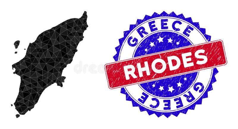 Greek Rhodes Island Map Polygonal Mesh And Scratched Bicolor Stamp Seal