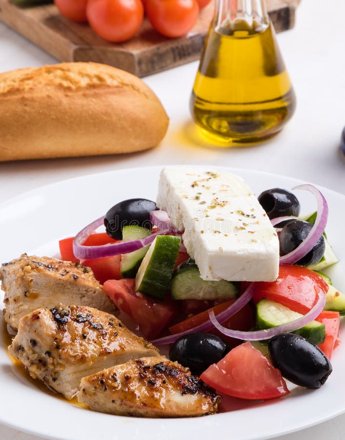 Greek salad with chicken stock image. Image of fillet - 76010189