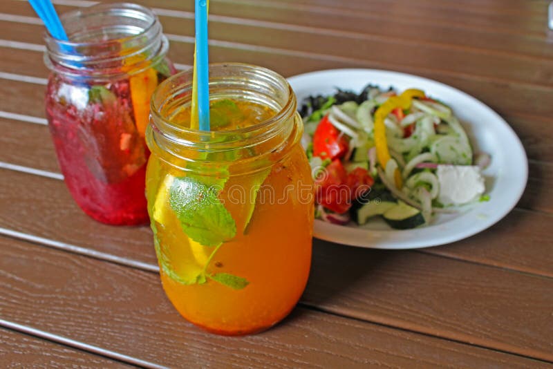 Greek Salad with Fruit Drinks Lunch Stock Photo - Image of ripe ...