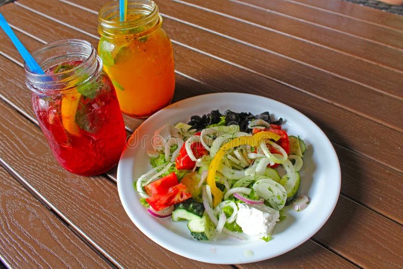 Greek Salad with Fruit Drinks Lunch Stock Photo - Image of ripe, white ...