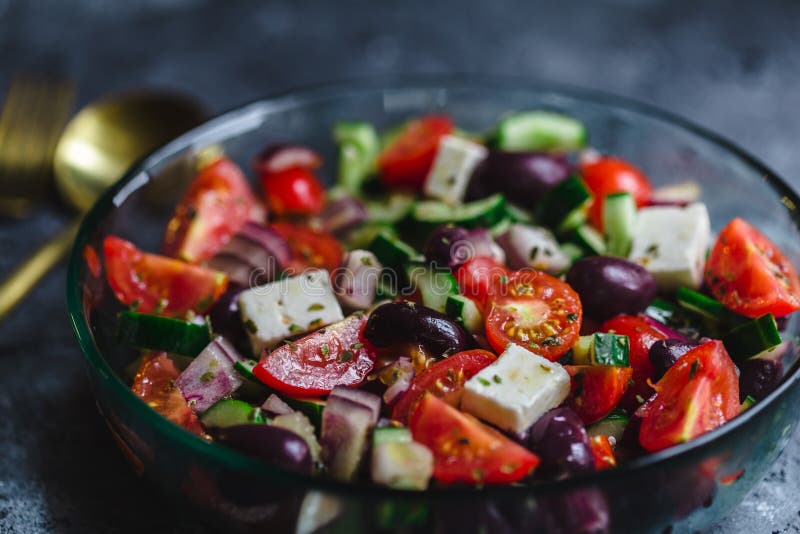 Greek Salad on Grey Surface Stock Photo - Image of cheese, salad: 219626110