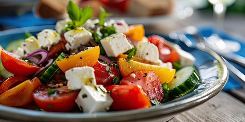 Greek Salad Served in Summer Cafe in Rustic Plate Stock Image - Image ...