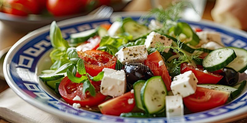 Greek Salad Served in Summer Cafe in Rustic Plate Stock Photo - Image ...