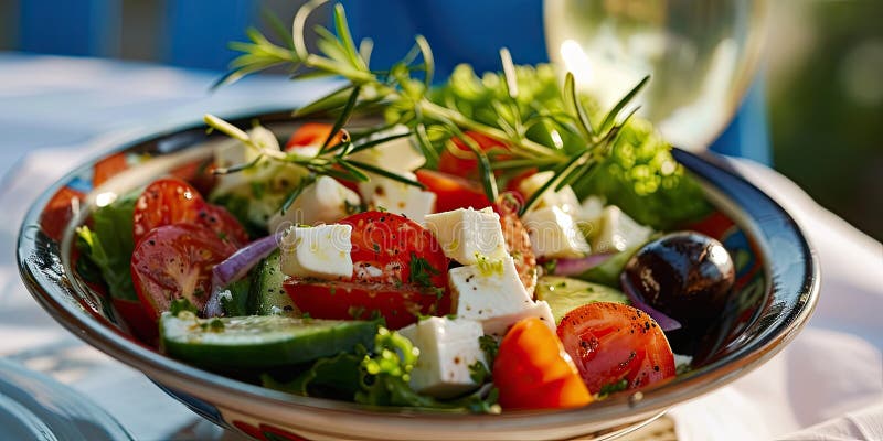 Greek Salad Served in Summer Cafe in Rustic Plate Stock Image - Image ...