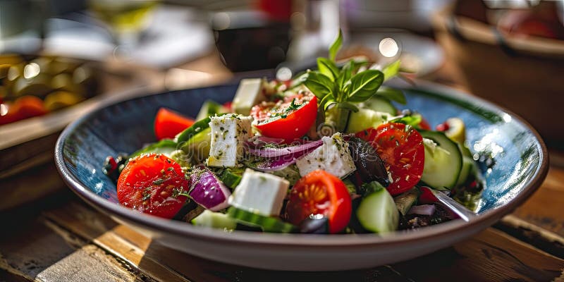 Greek Salad Served in Summer Cafe in Rustic Plate Stock Image - Image ...