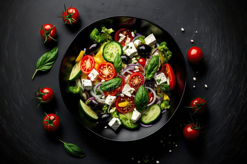 Greek Salad in a White Bowl with Fresh Veggies and a Dark Background. a ...