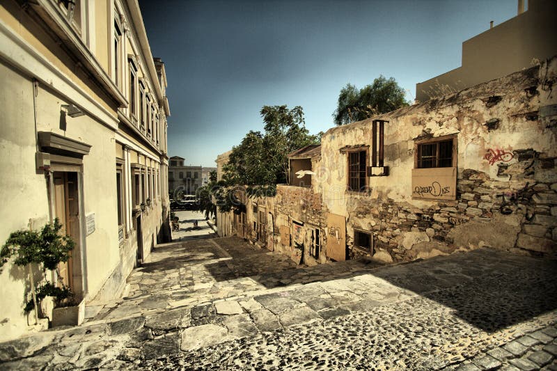 Greek street stock image. Image of green, martini, pigeon - 96875253