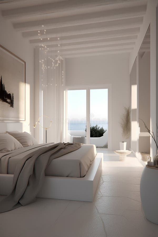 Greek Style Bedroom Interior with Modern Bed in Luxury House Stock ...