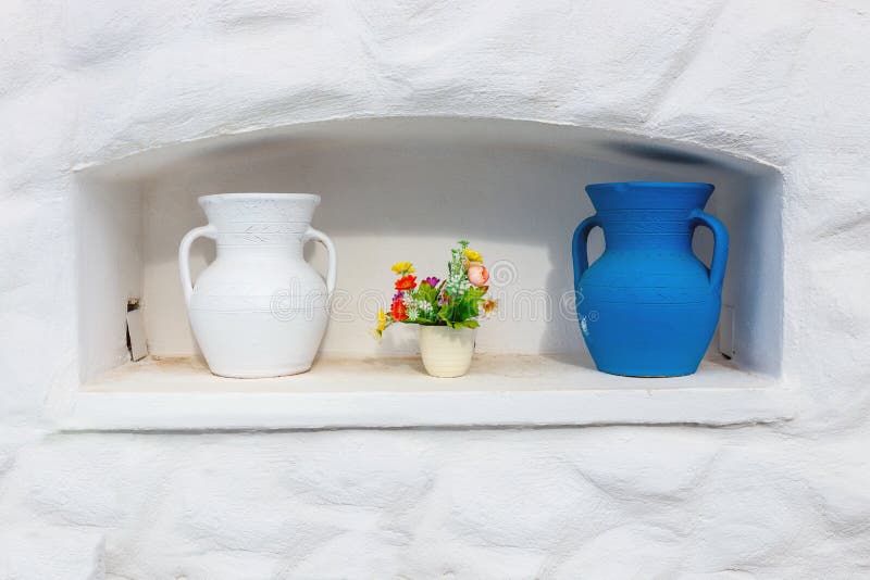 Greek Style Ceramic White and Blue Vases Stock Photo - Image of greek ...