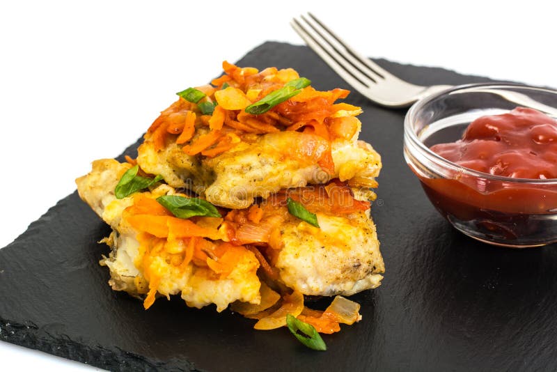 Greek Style Roast Fish on Black Stone Plate Stock Image - Image of ...