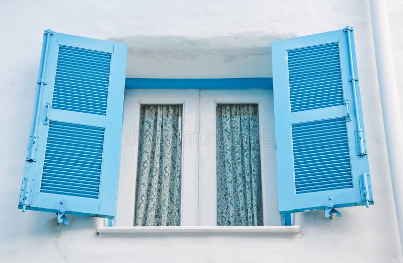 Greek Style Windows with Blue Retro Wooden Shutters Stock Photo - Image ...