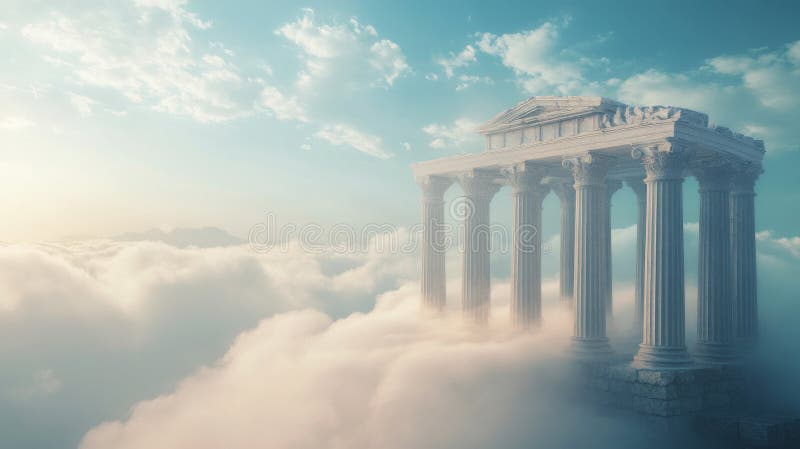 Greek Temple Floating on Clouds with Mountainous Backdrop Stock Image ...