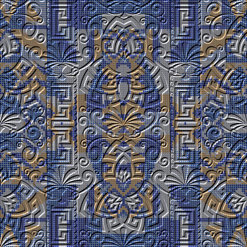 Greek Textured 3d Seamless Pattern. White Embossed Floral Grunge ...