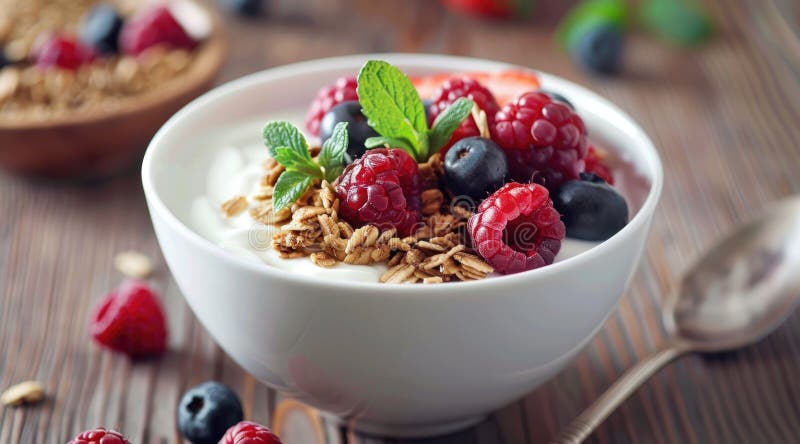 Greek Yogurt with Berries and Granola in a Bowl Stock Illustration ...