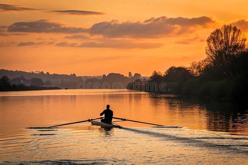 A Person Navigates a Slender Boat Across a Tranquil River at Sunset ...