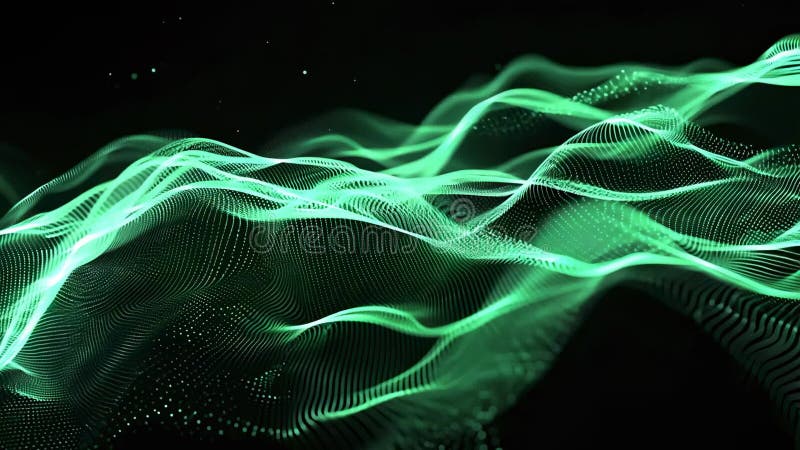 Green Abstract Digital Wave of Glowing Particles and Lines on Dark ...