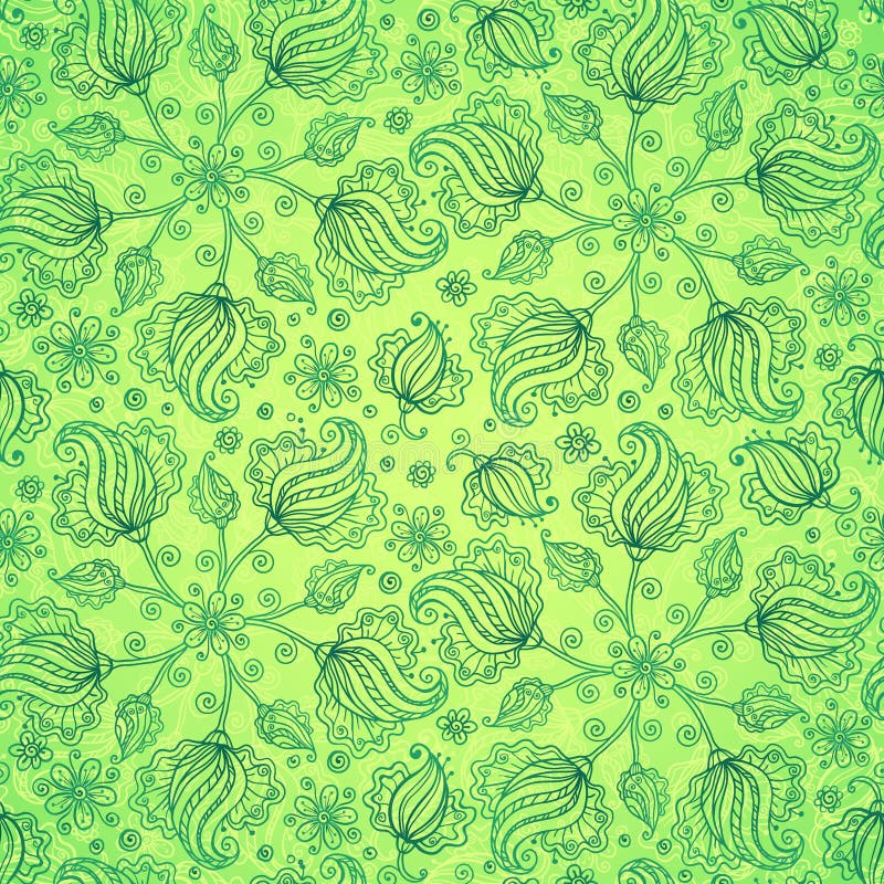 Green Doodle Flowers Background Stock Illustration - Illustration of ...