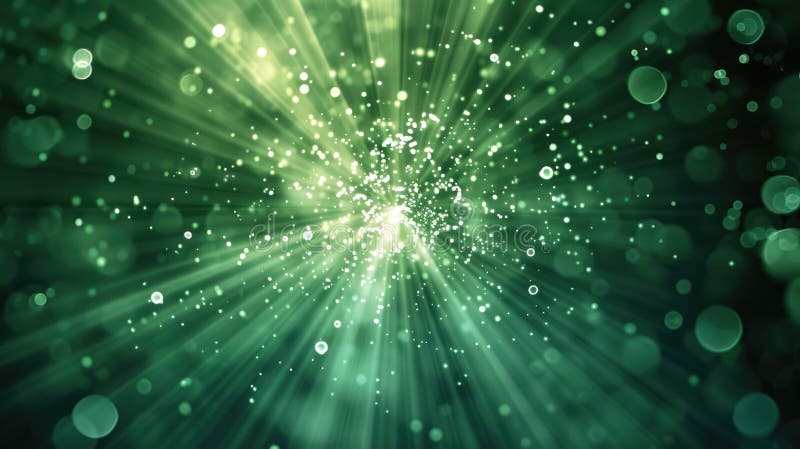 Green Abstract Light Rays with Particles on a Dark Background. Bright ...
