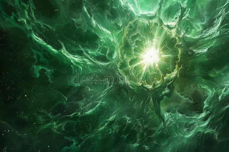 Green Abstract Nebula in Space with Gaseous Formations and a Bright ...