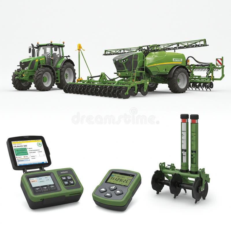 A Green Agricultural Tractor is Towing a Large, Attached Seeder, Featuring Multiple Rows Stock ...