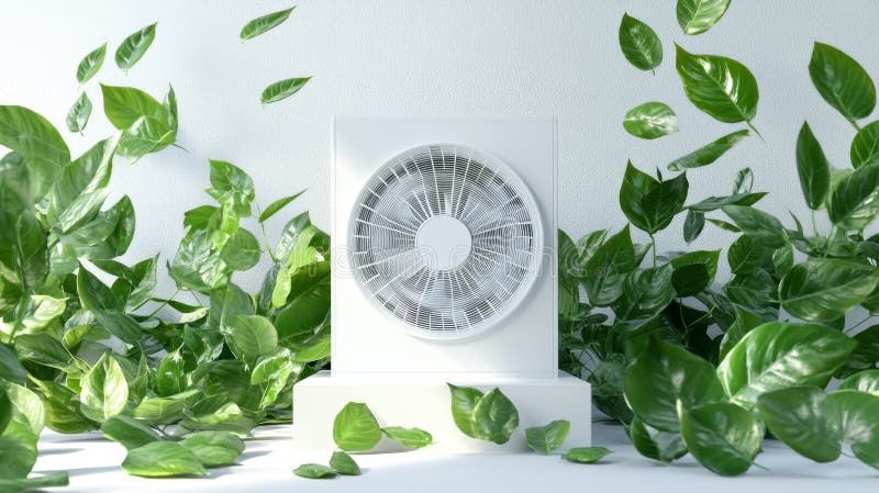 A Green Air Conditioner with Snowflakes and Fresh Green Leaves Stock ...