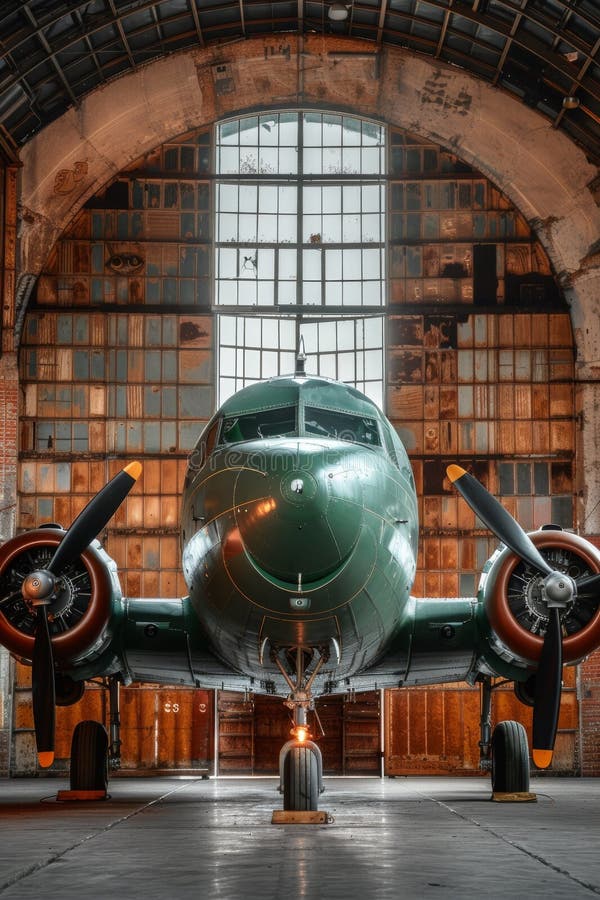 A Green Airplane Sitting in a Large Building with Windows, AI Stock ...